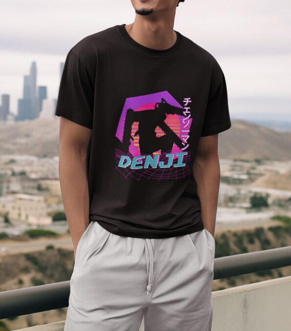 Denji Retro Neon Chainsaw Man T-Shirt – Vibrant Vaporwave Style – Akrinity